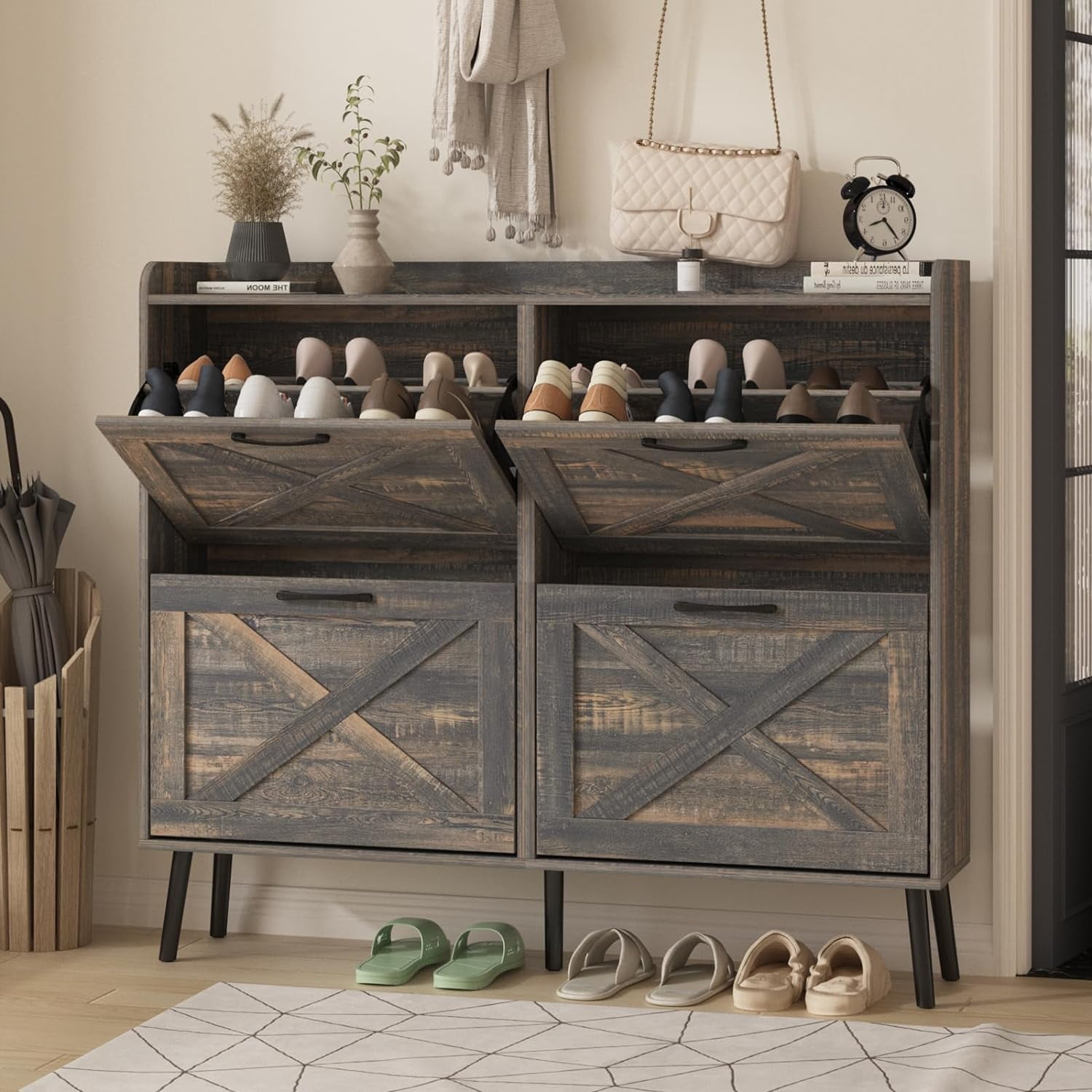 Vabches Shoe Cabinet with 4 Flip-Flop Drawers, Narrow Shoe Rack for ...