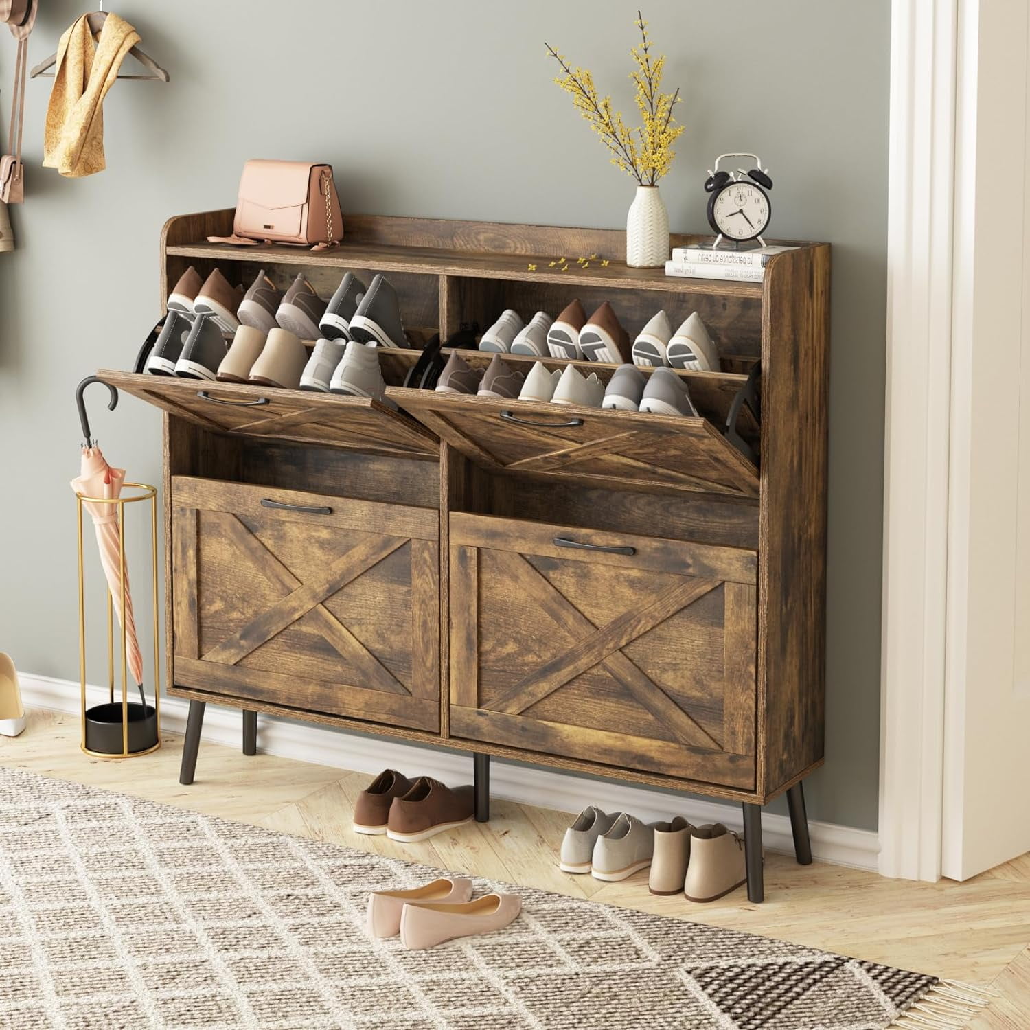 VEANERWOOD Shoe Cabinet with 4 Flip-Flop Drawers, Narrow Shoe Rack for ...