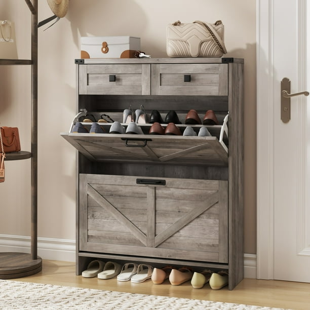 Vabches Shoe Storage Cabinet with 2 Filp Drawers and 2 Drawers Farmhouse Slim Shoe Cabinet for Entryway Grey Walmart Business Supplies