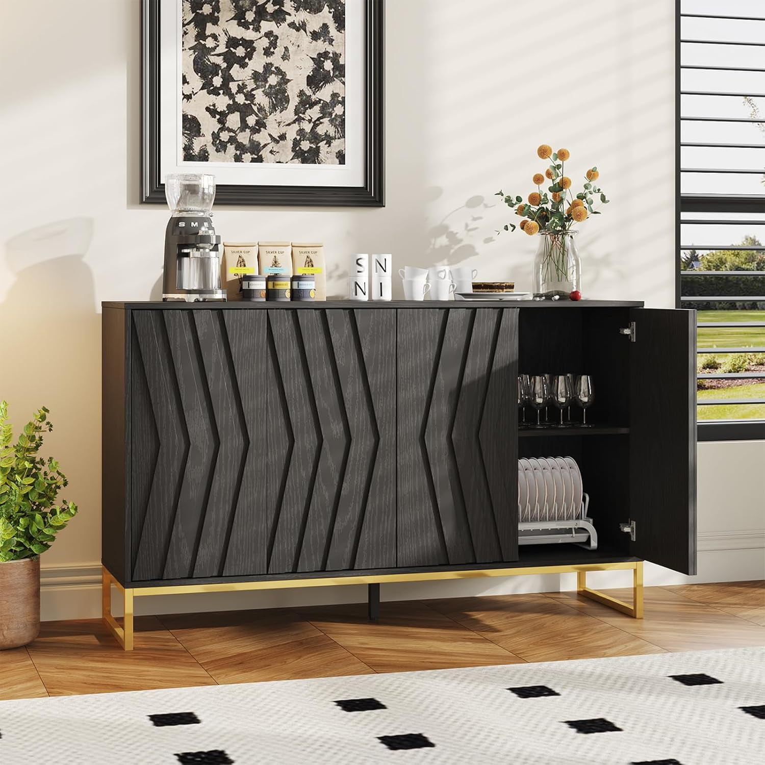 Vabches Sideboard Buffet Cabinet with Adjustable Shelves, Wood Accent ...