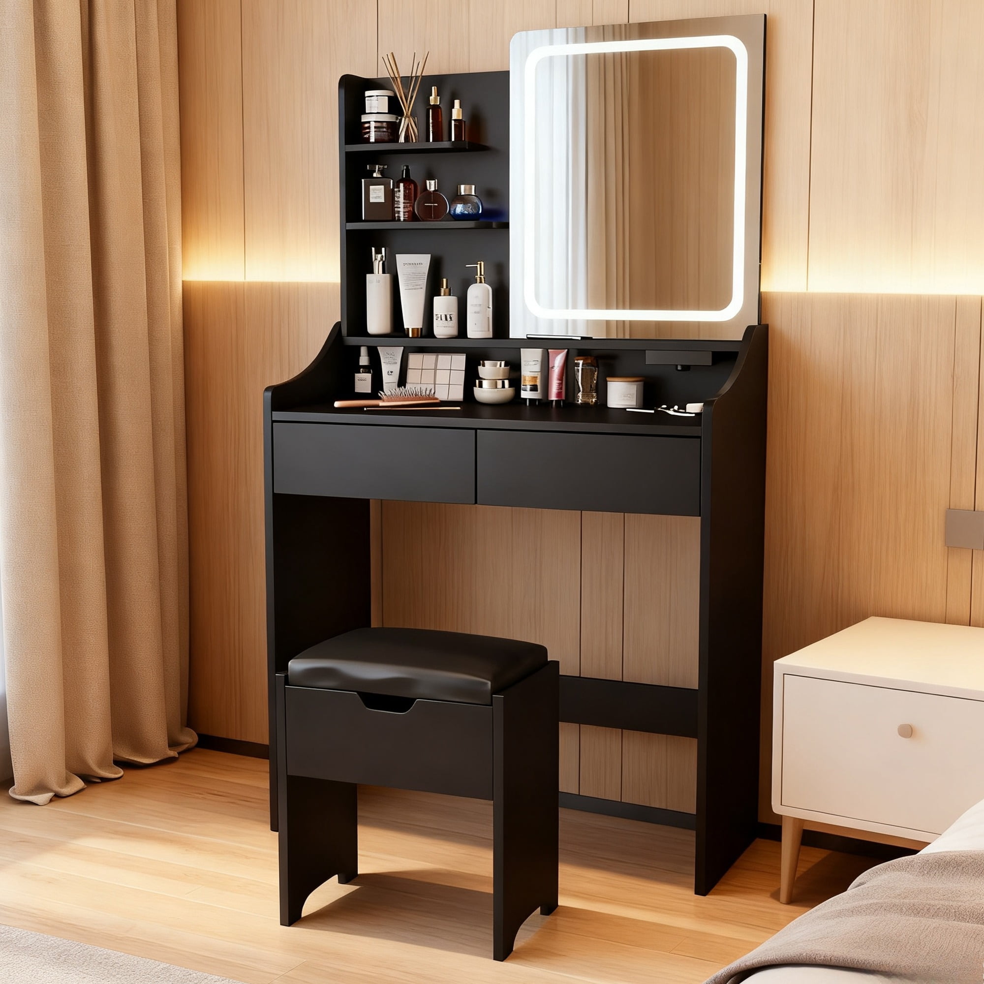 Vabches Small Vanity Set with Mirror AndLED Lights, Modern Makeup ...