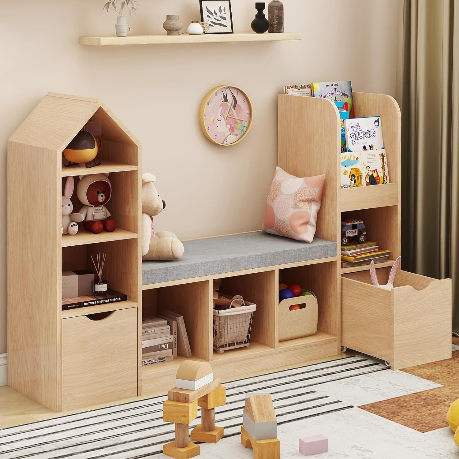 Vabches Kids Bookcase and Bookshelf with Reading Nook Multifunctional Bookcase with 7 Storage Cubbies 2 Movable Drawers Bookcase with Seat Cushion for Toy Storage Organizer Children s Room Bedroom Wal...