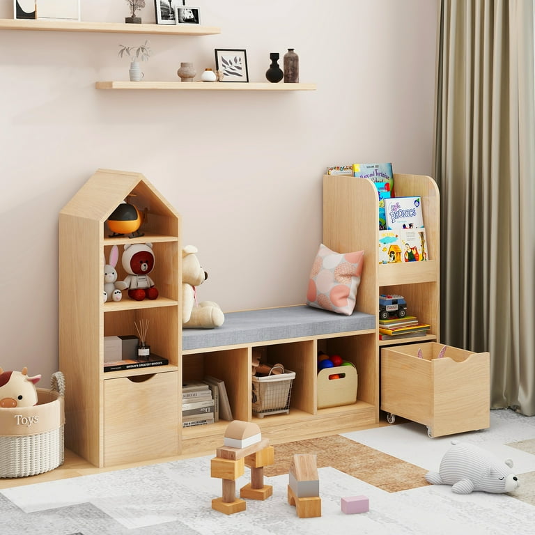 Toy Storage Organizer for Kids Bookshelf with Reading Nook Multifunctional Kids Bookcase with 7 Storage Cubbies 2 Movable Drawers and Seat Cushion