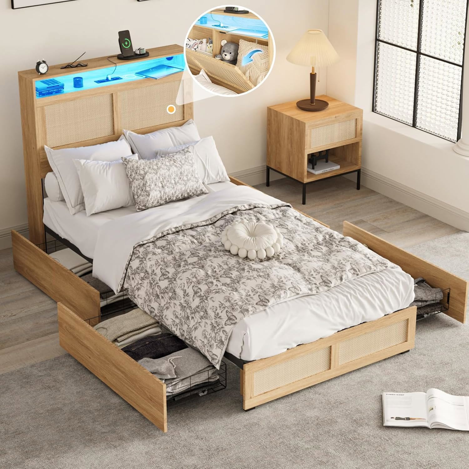 Vabches Twin Size Bed Frame with Rattan Storage Headboard, Twin Size ...