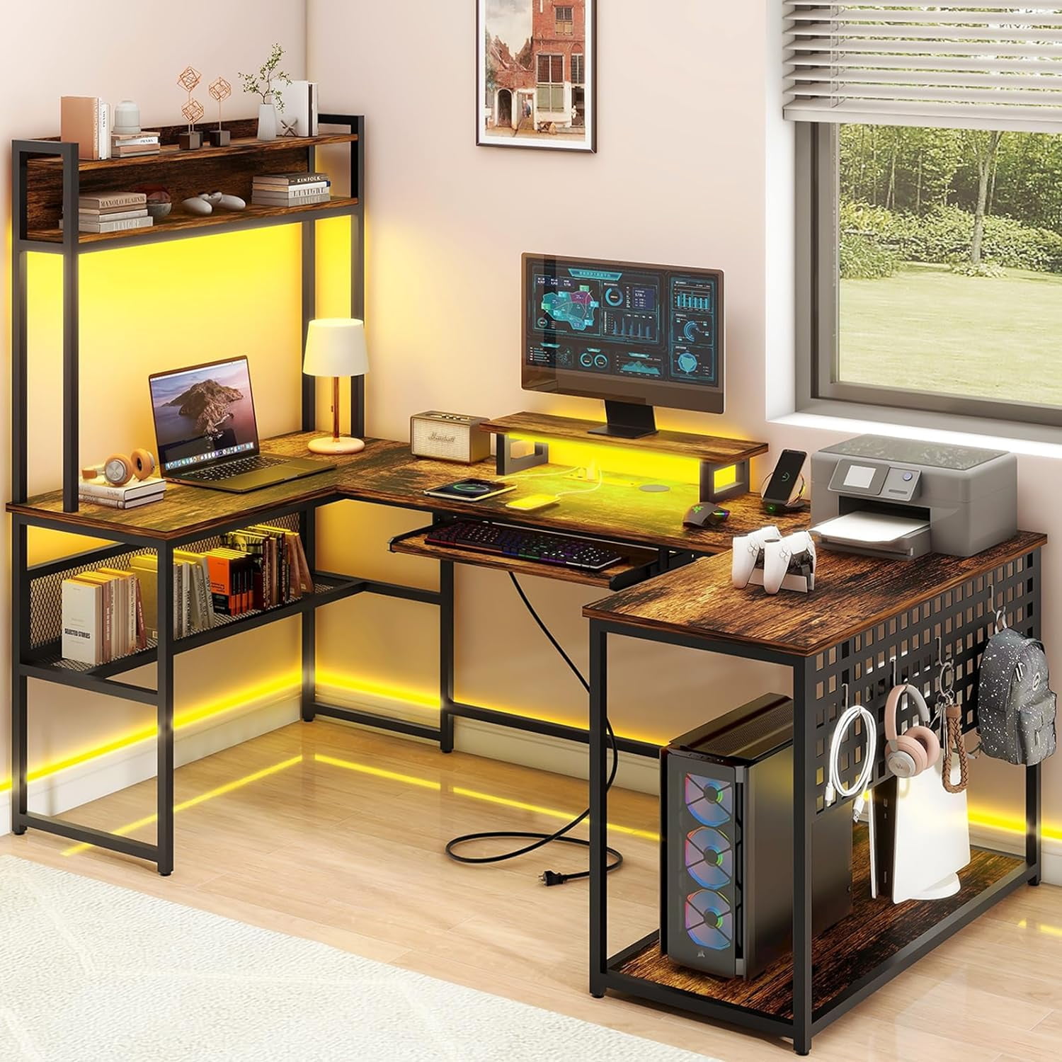 Vabches U Shaped Gaming Desk with LED Lights, Reversible U-Shaped ...