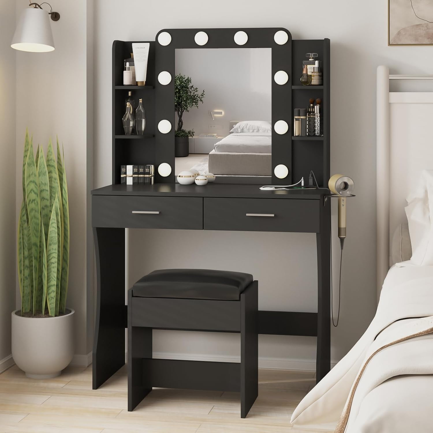 Vabches Vanity Set with Lighted Mirror & Power Outlet Makeup Table with ...