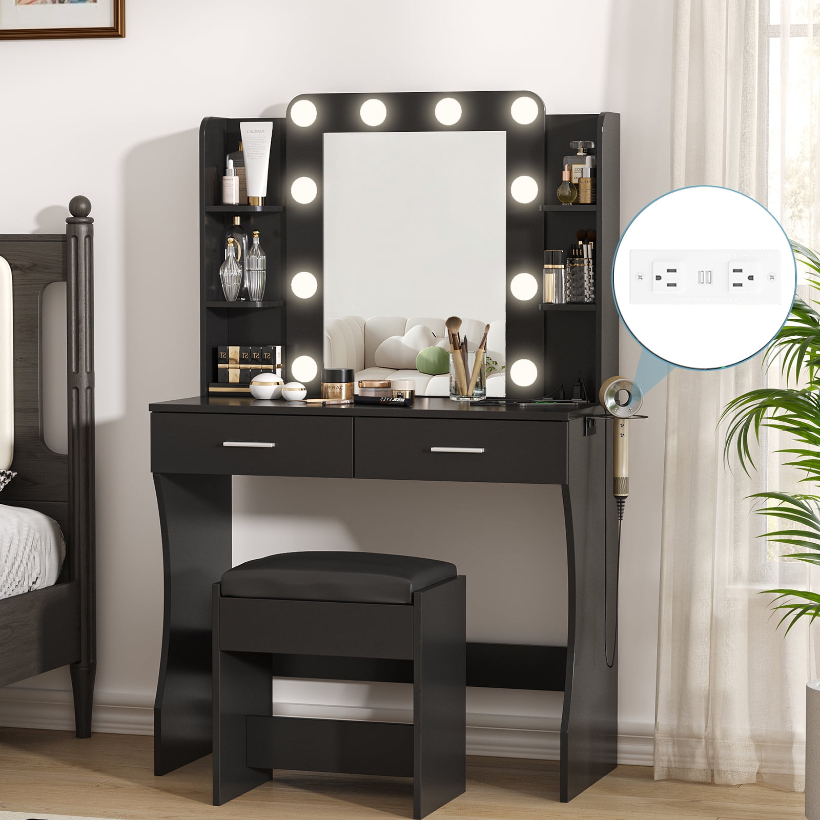 Vabches Vanity Set with LED Lighted Mirror & Desk Plug, Power Outlet ...