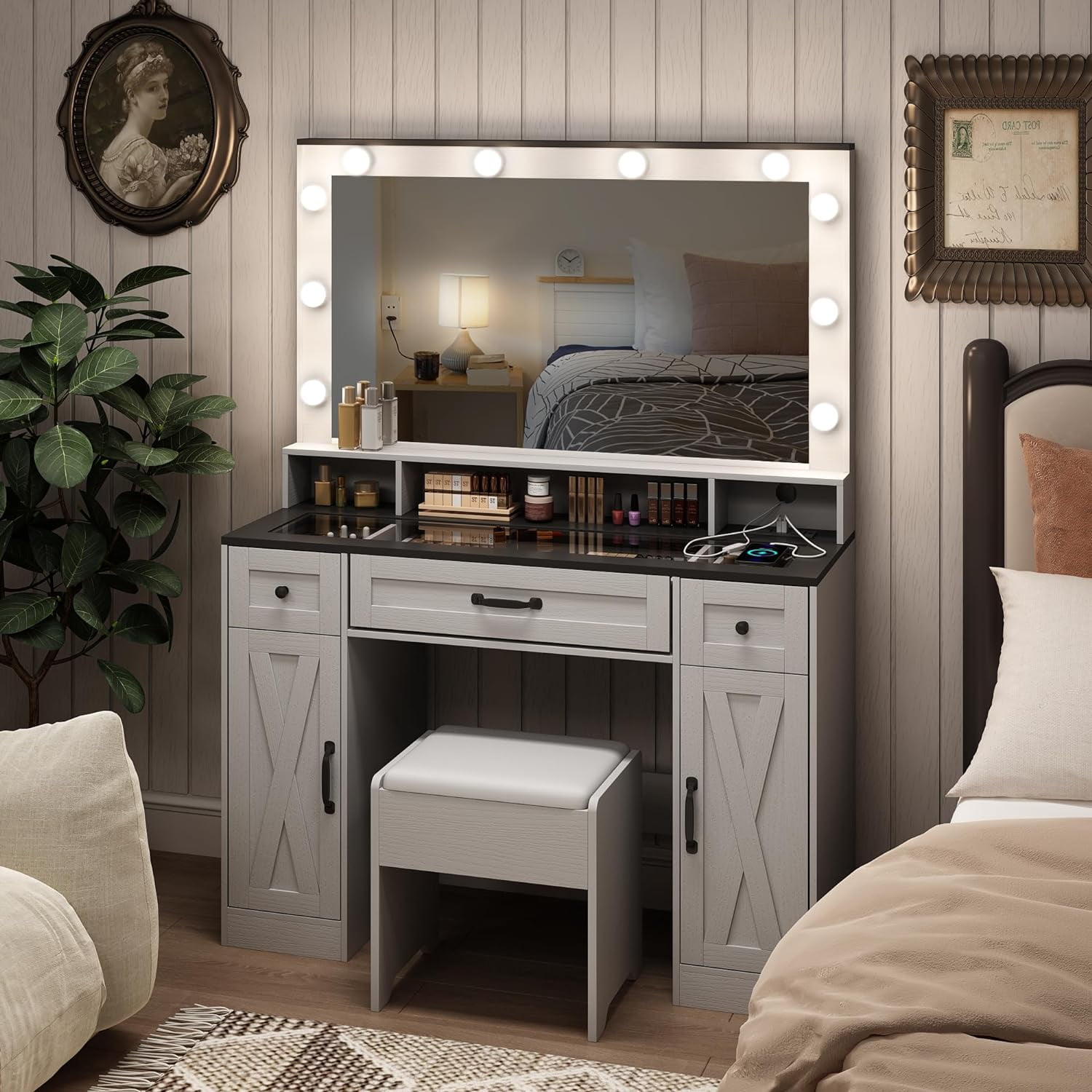 Vabches Vanity Set with Mirror and Light, 3 Light Modes , Glass Top ...