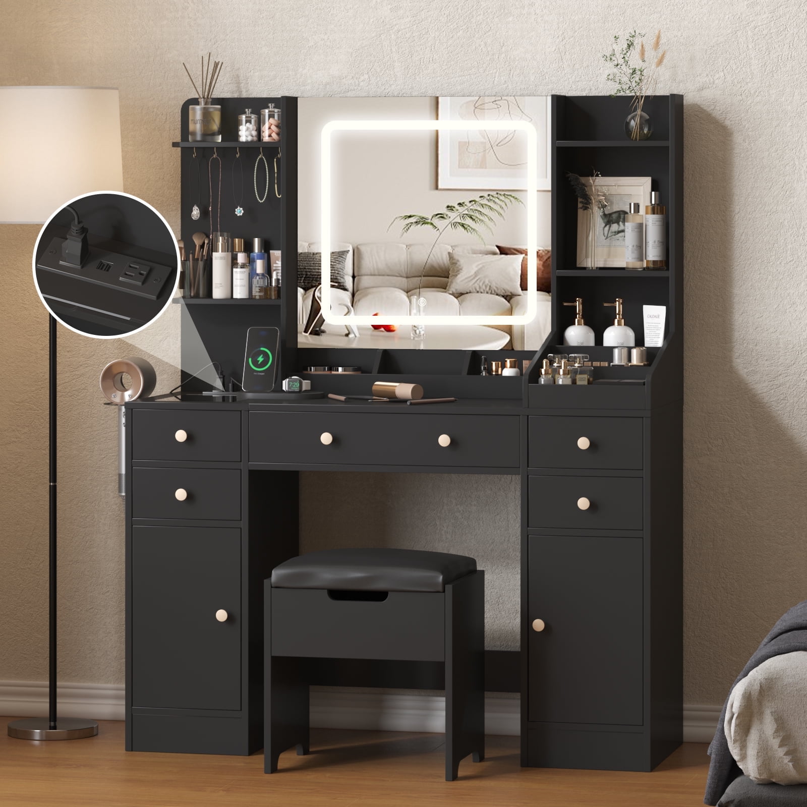 Vabches Vanity Set with Mirror and Lights, Makeup Table with Charging ...