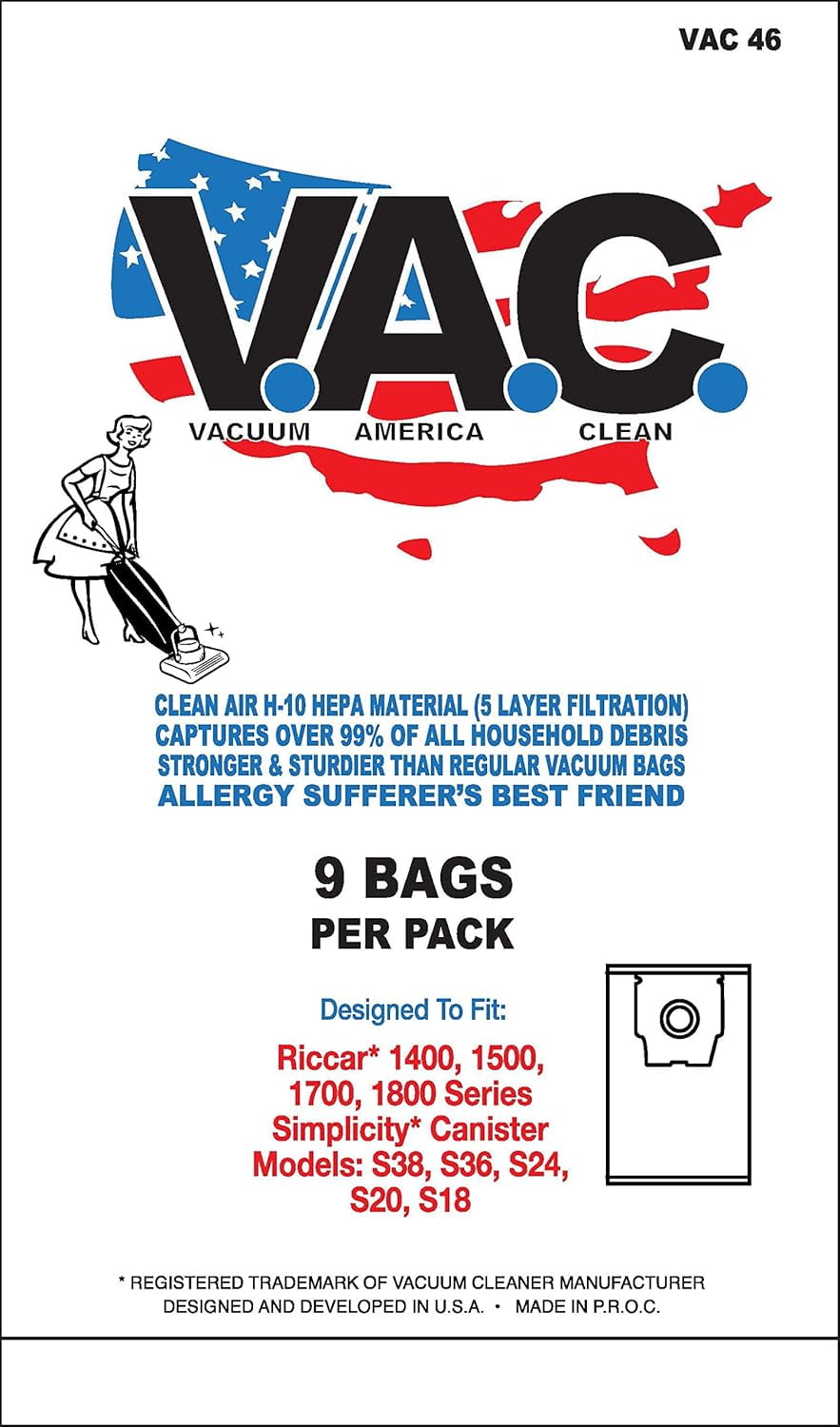 Vac 46 Riccar 1400-1800 Series, Simplicity Canister Models: S38, S36 ...