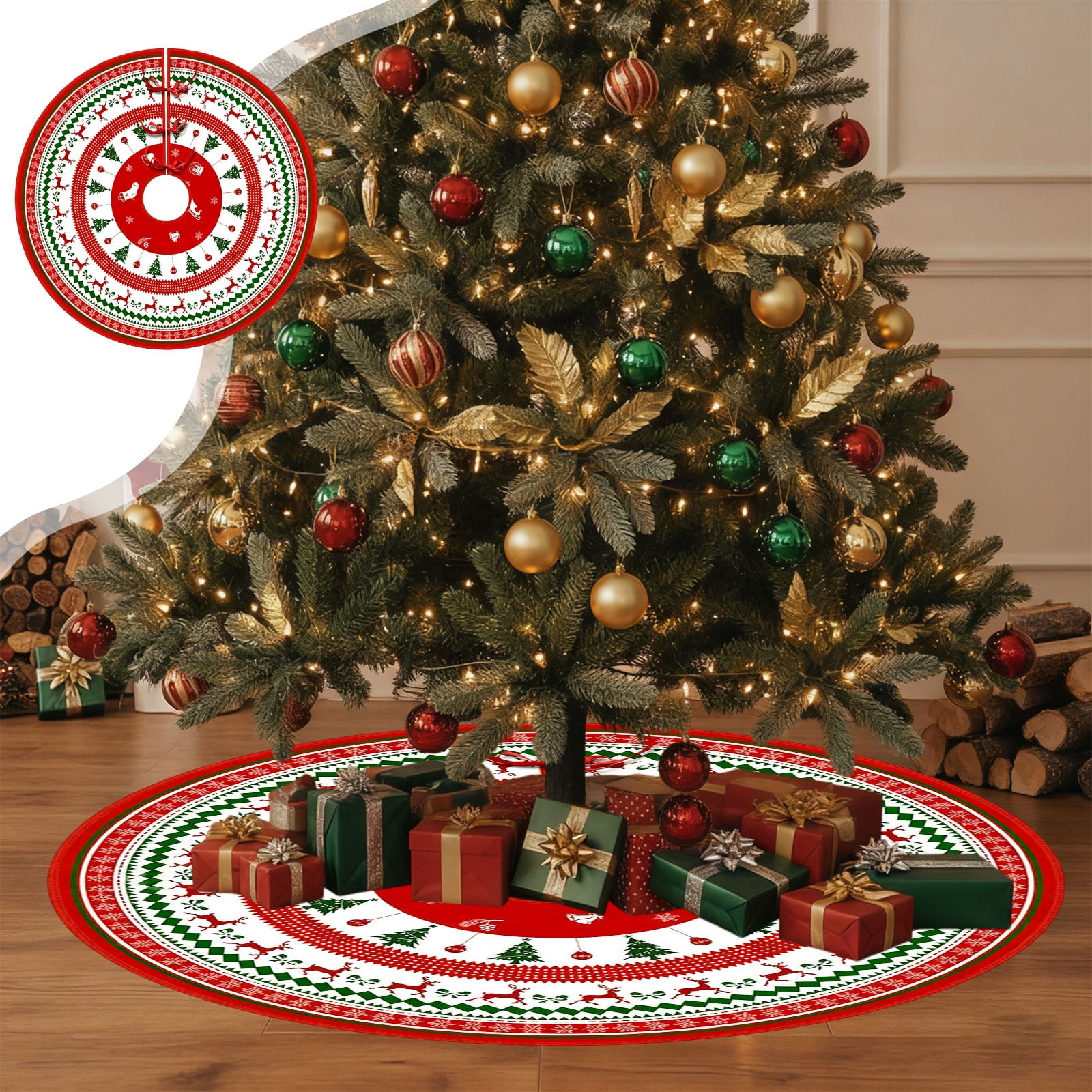 Vacemry Under $5 Christmas Tree Skirt, Snowflake Reindeer Print Tree ...
