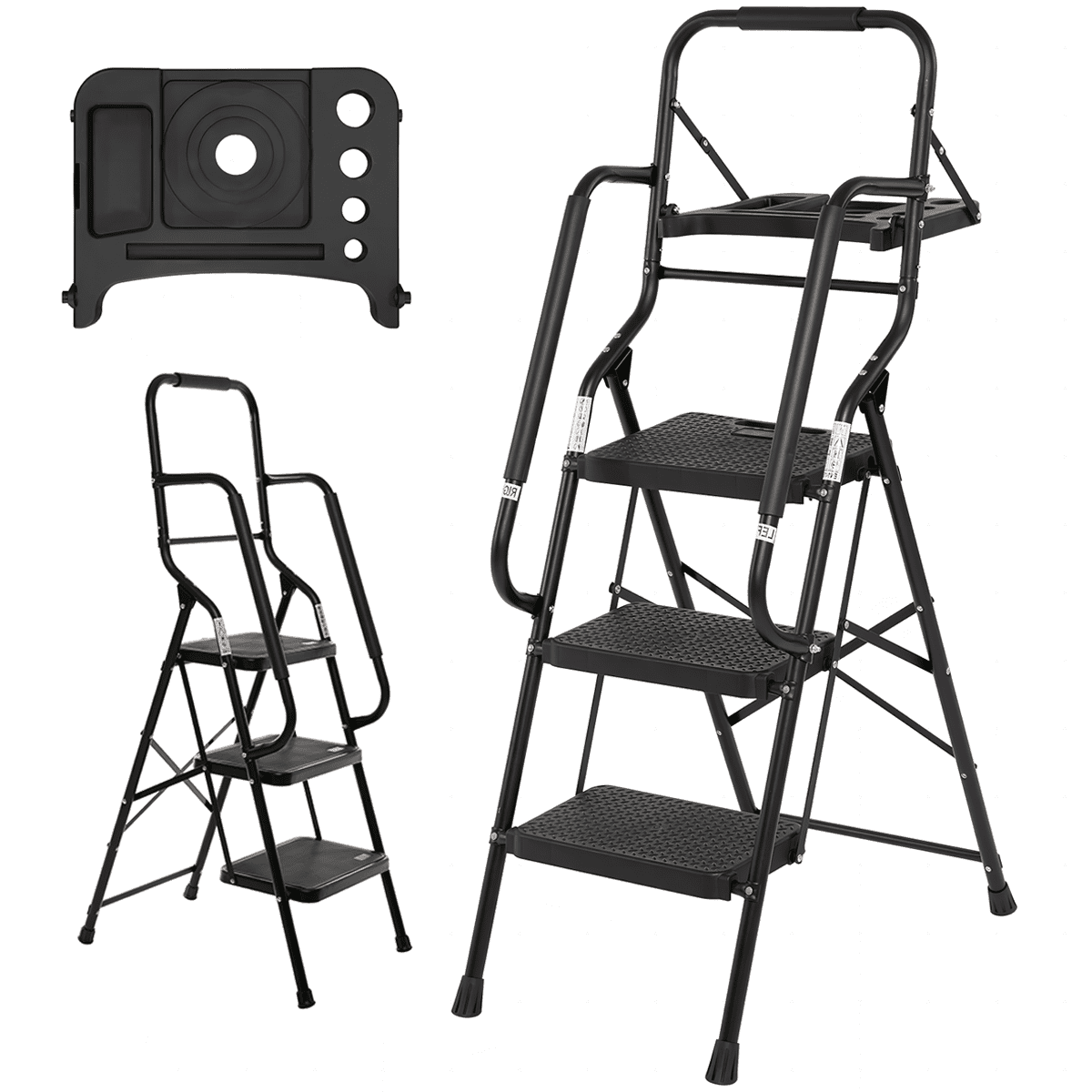 Vacmaster 3 Step Ladder with Handrails Folding Step Stool with Tool ...