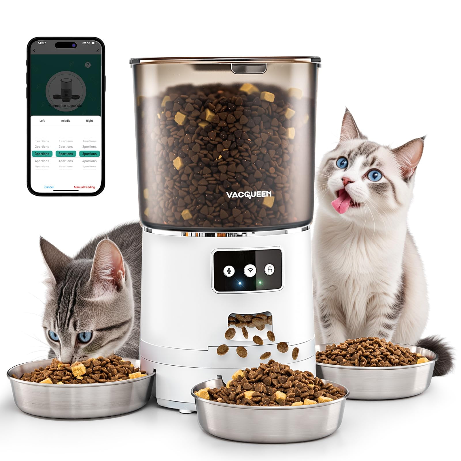 Vacqueen Automatic Cat Feeder SAF21 for 3 Cats, Cups Smart WiFi Pet ...