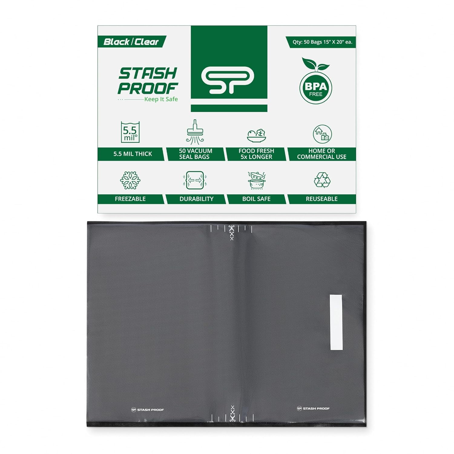 Vacuum Seal Bags 15" x 20" (50 Count) 5.5 Mil (Black and Clear) - BPA ...