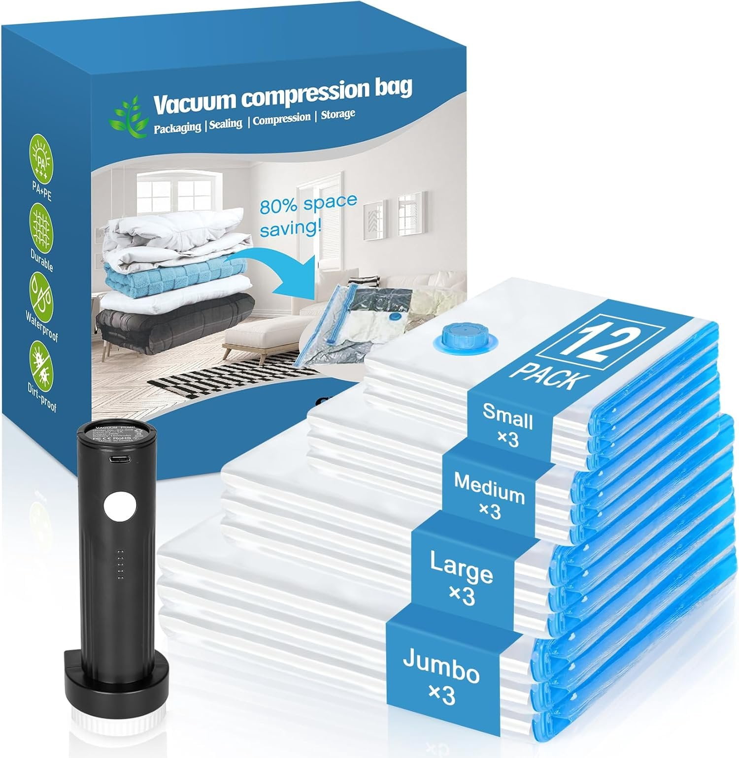 Vacuum Seal Bags for Clothing Travel with Rechargeable Air Pump, 12 ...