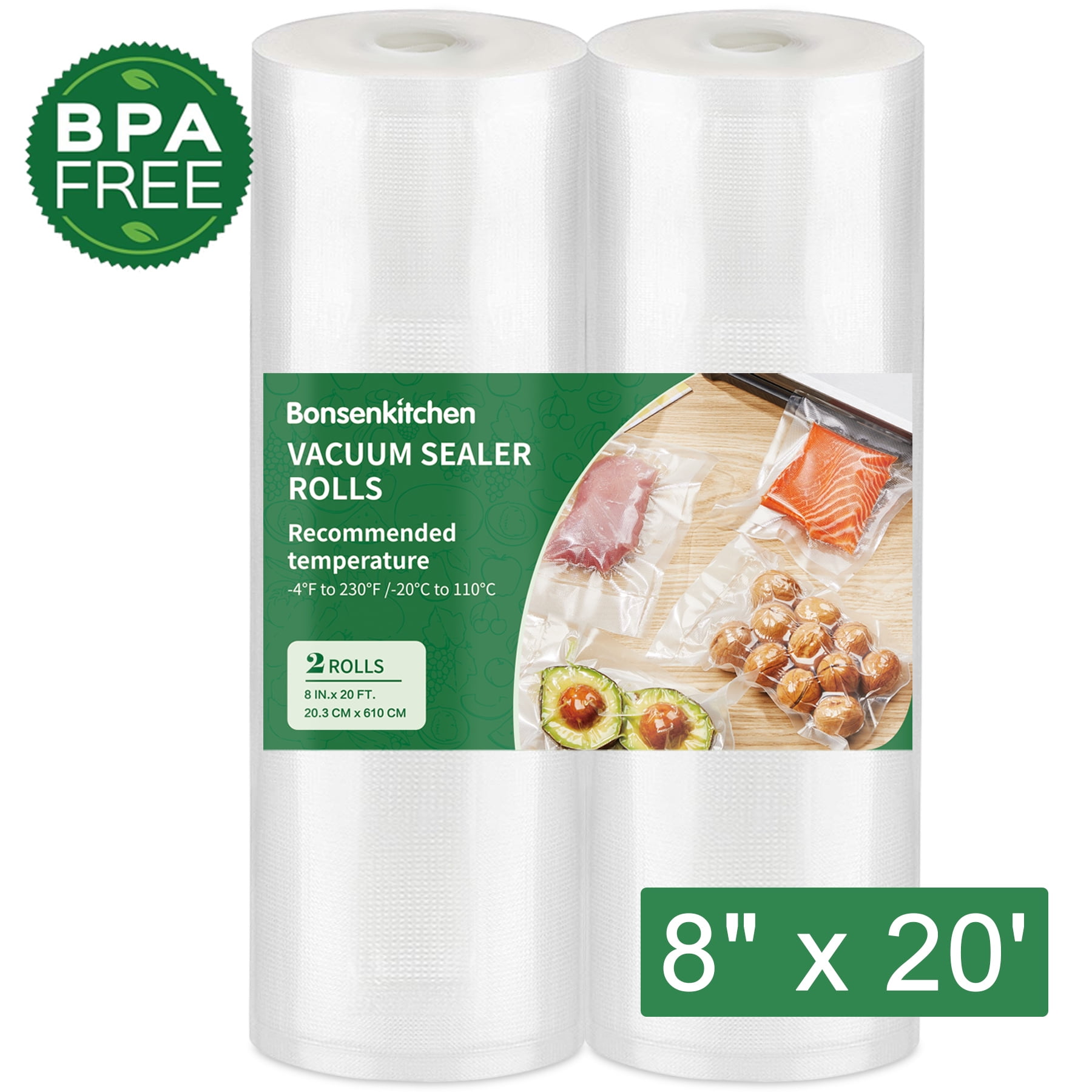 Bonsenkitchen Vacuum Sealer Bags Rolls 8'' x 20' x 2 Packs for Food ...