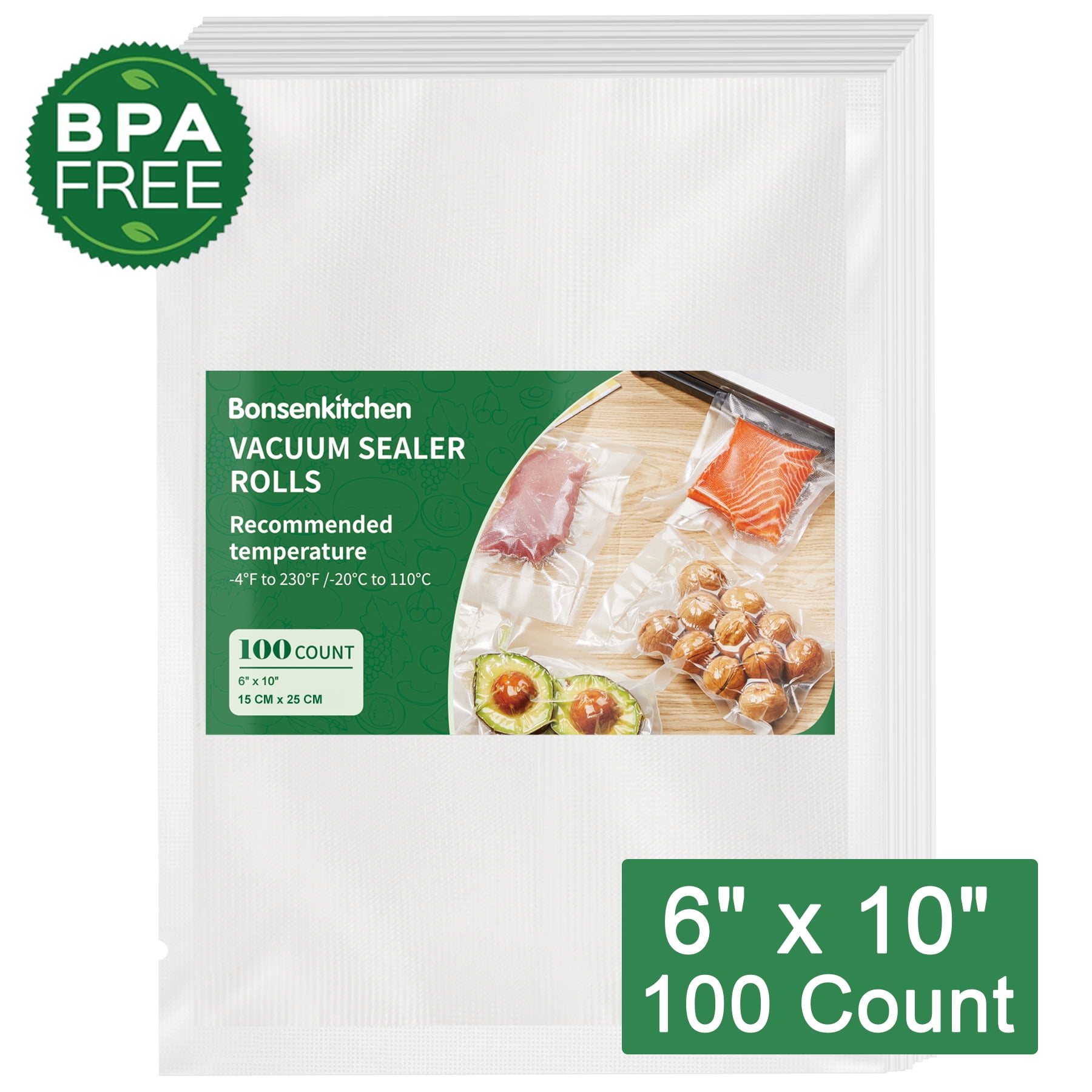 "Bonsenkitchen Vacuum Sealer Bags for Food, 6""x10"", 100 Pack, Pre-Cut ...