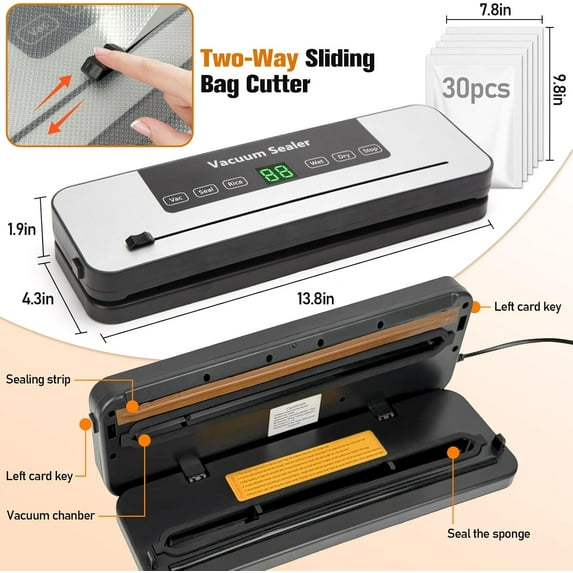 Vacuum Sealer Machine for Food with 30 Storage Bags, Built-in Cutter, 6 ...