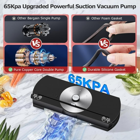 Vacuum Sealer Machine for Food, 65KPA Powerful Compact Vacuum Air Food ...