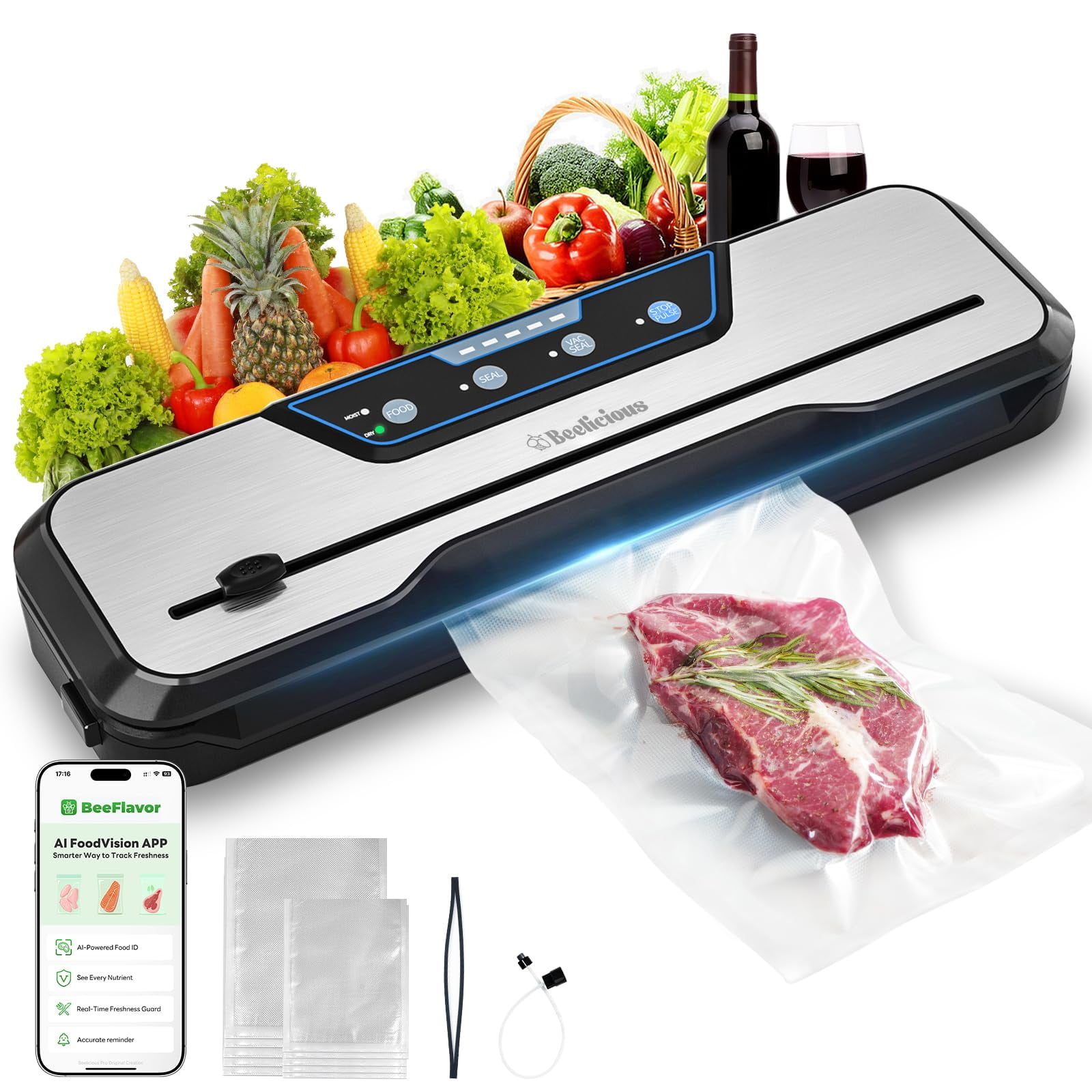 Vacuum Sealer Machine, with Starter Kit and 2-Year Warranty, Beelicious ...
