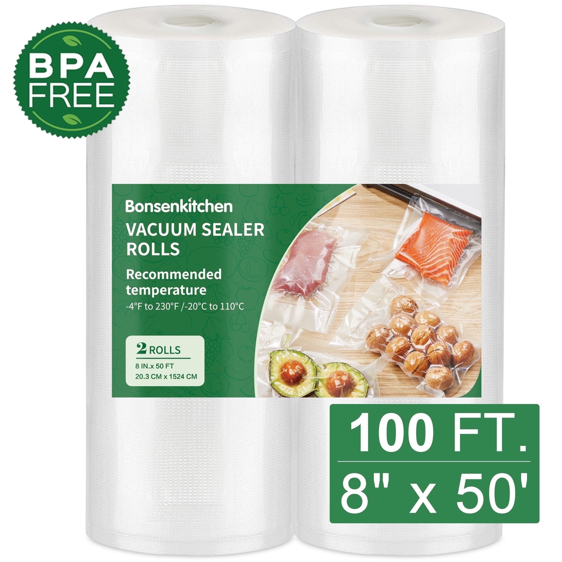 Vacuum Sealer Rolls 8''x50'x 2 Pack, Bonsenkitchen Vacuum Sealer Bags ...