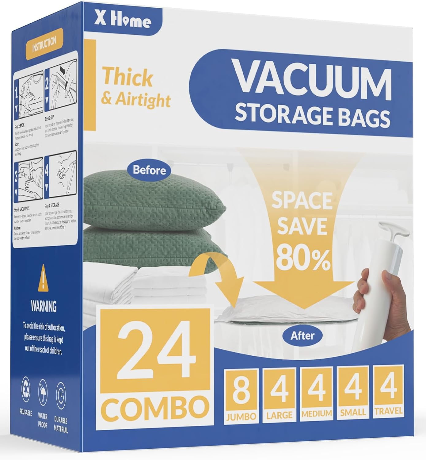 Vacuum Storage Bags, 24 Pack Space Saver Vacuum Seal Bags for Clothing ...