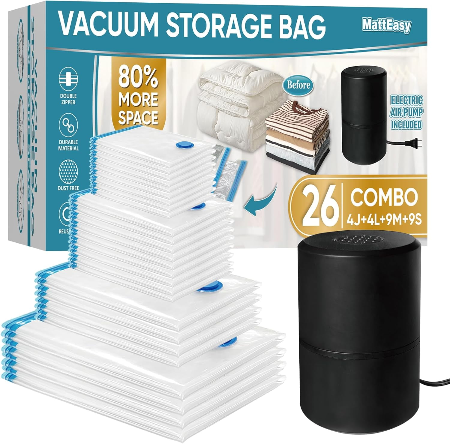 Vacuum Storage Bags with Electric Pump, 26 Pack (4 Jumbo/4 Large/9 ...