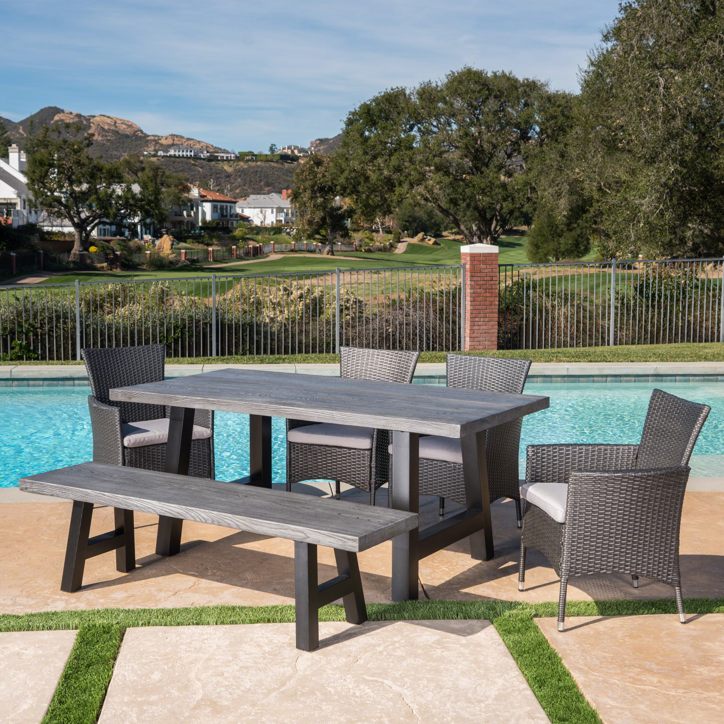Vada Outdoor 6 Piece Wicker Dining Set with Light Weight Concrete Table ...