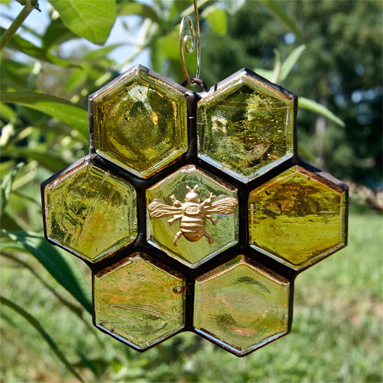 Vadktai Large Honeycomb Sun Catcher, Handmade Bee Stained Glass Window ...