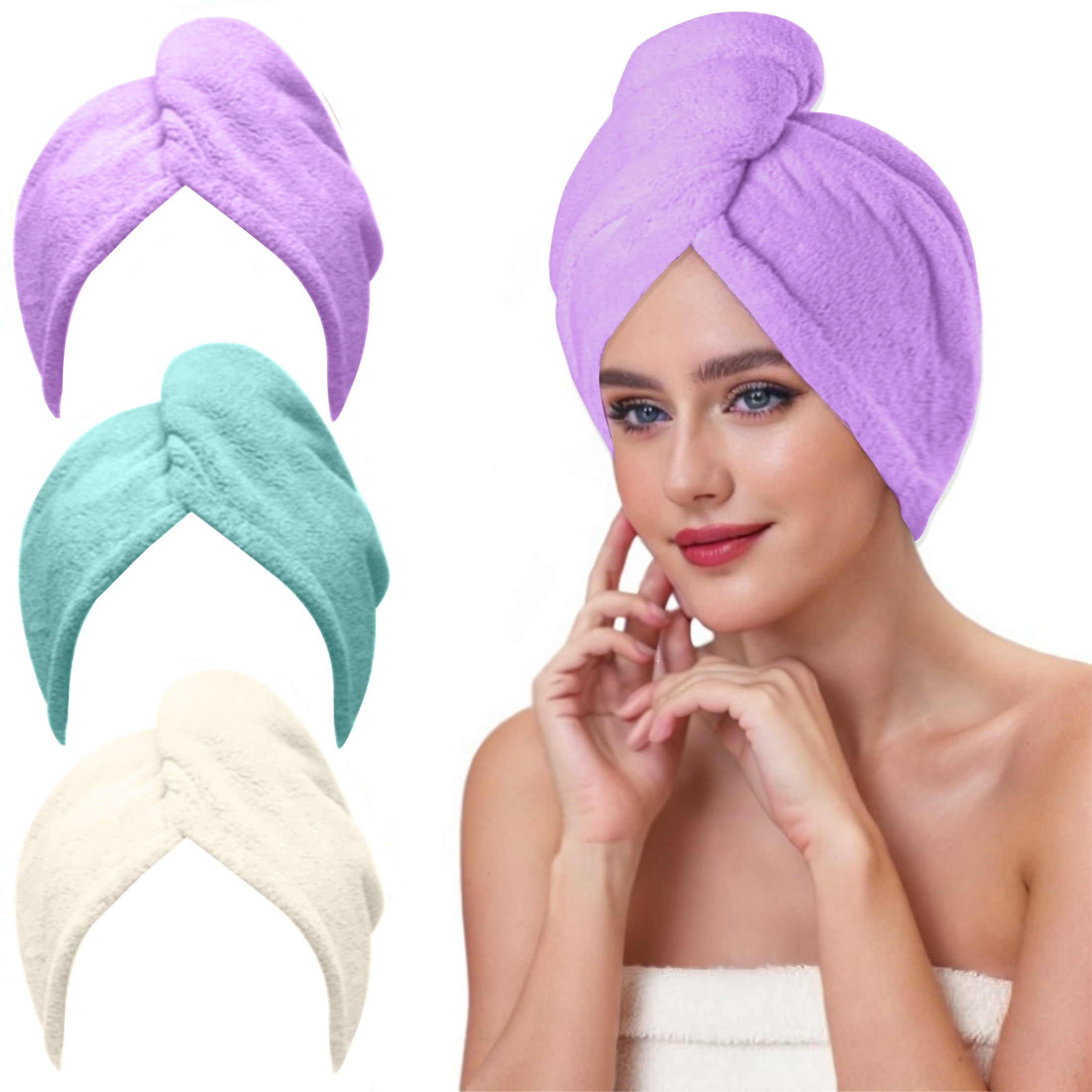 Vafful 3pcs Microfiber Hair Towel Turbans- Quick-Dry Bath Shower Cap for Women & Men, Soft ...