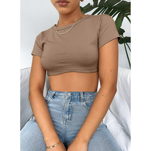 Vafful Crop Tops Sexy Trendy Basic Tight Scoop Neck Crop Short Sleeve Crop Top for Women or Teen ...