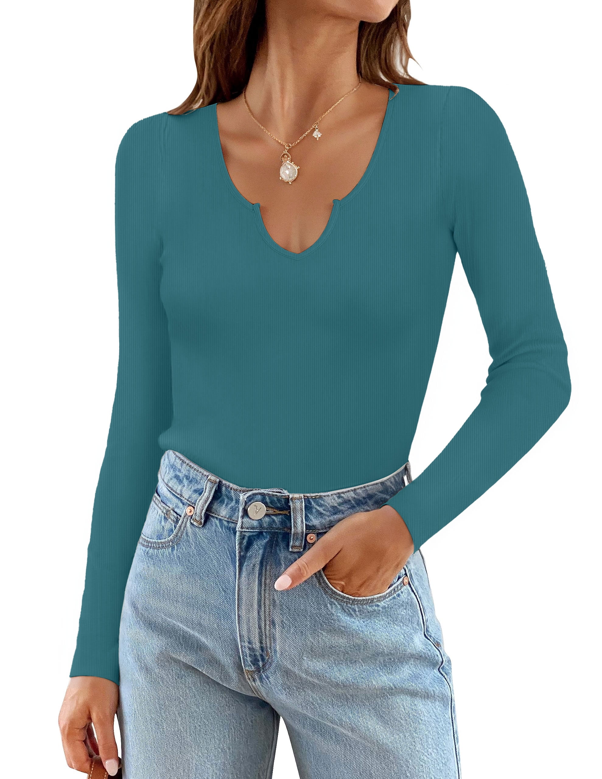 Vafful Long Sleeve T Shirts for Women Ribbed Slim Fit Basic Tee Tops ...