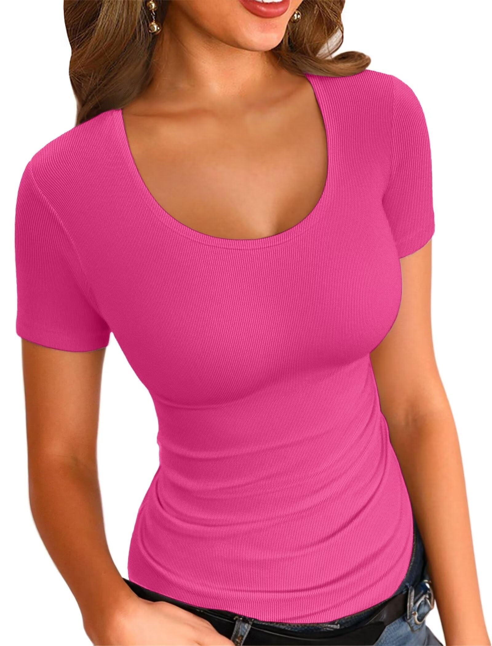 Vafful Summer Women's Scoop Neck Short Sleeve Shirts Ribbed Slim Fitted ...