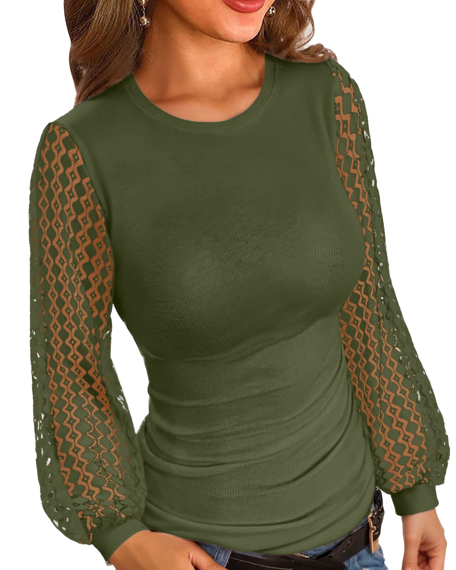 Vafful Women's Lace Long Sleeve High Neck Tops, Slim Fit, Casual Waffle ...