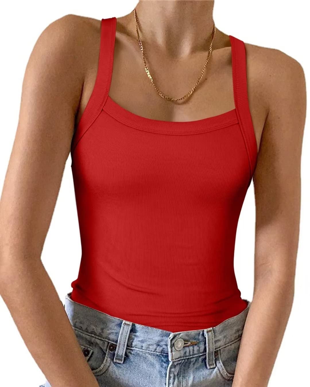 Vafful Womens Summer Sleeveless Racerback Casual Red Basic Square Neck ...