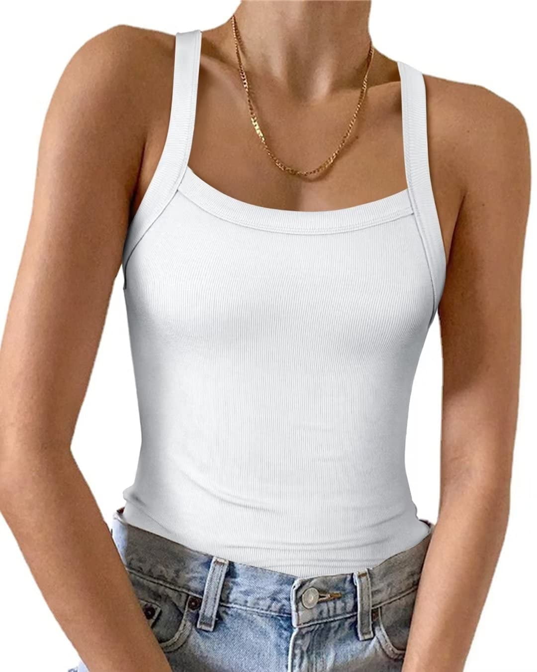 Vafful Womens Summer Sleeveless Racerback Casual White Basic Square ...