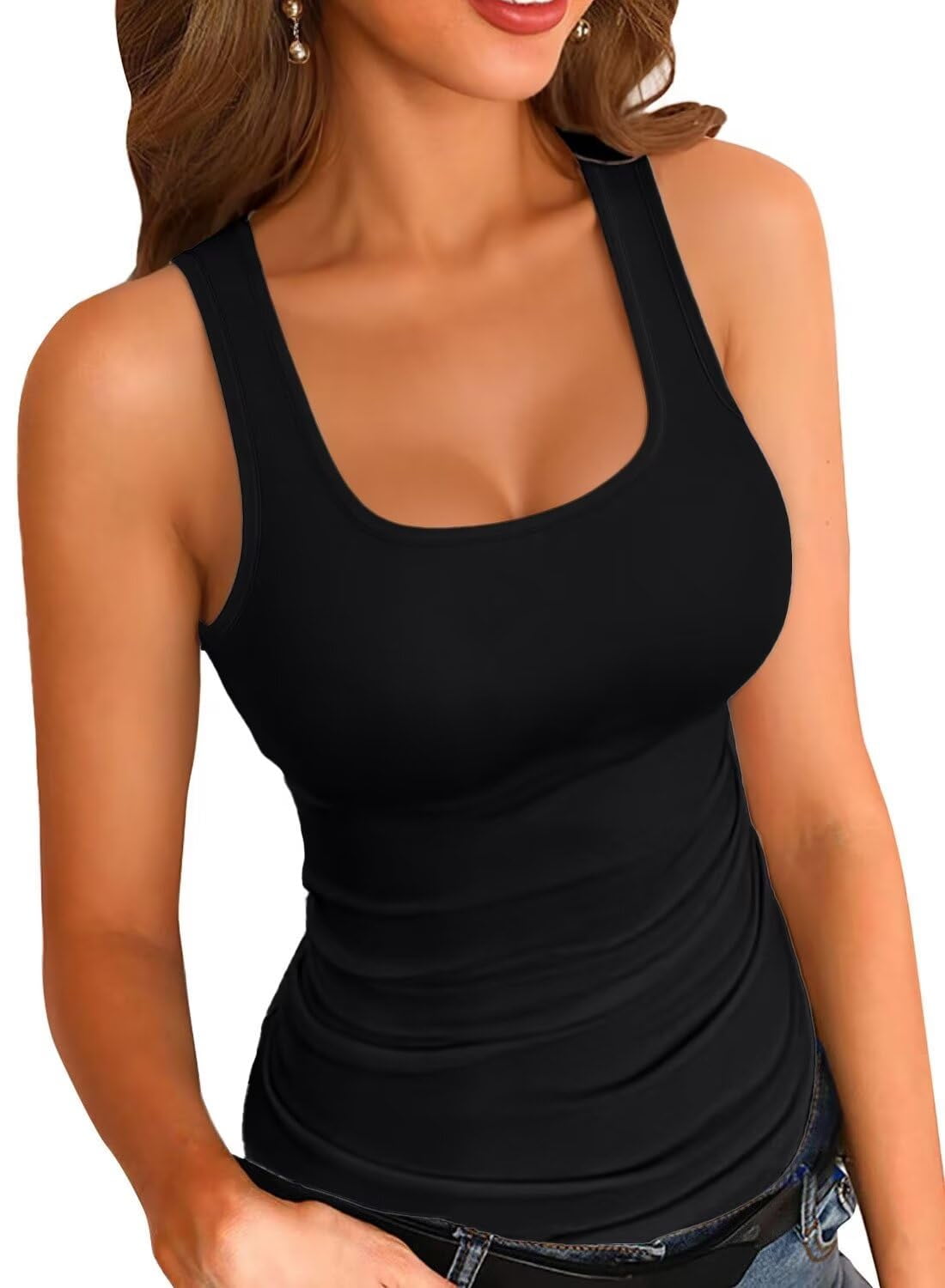 Vafful Womens Summer Tank Tops Square Neck Sleeveless Low Cut Sexy Shirts Ribbed Tanks Slim ...