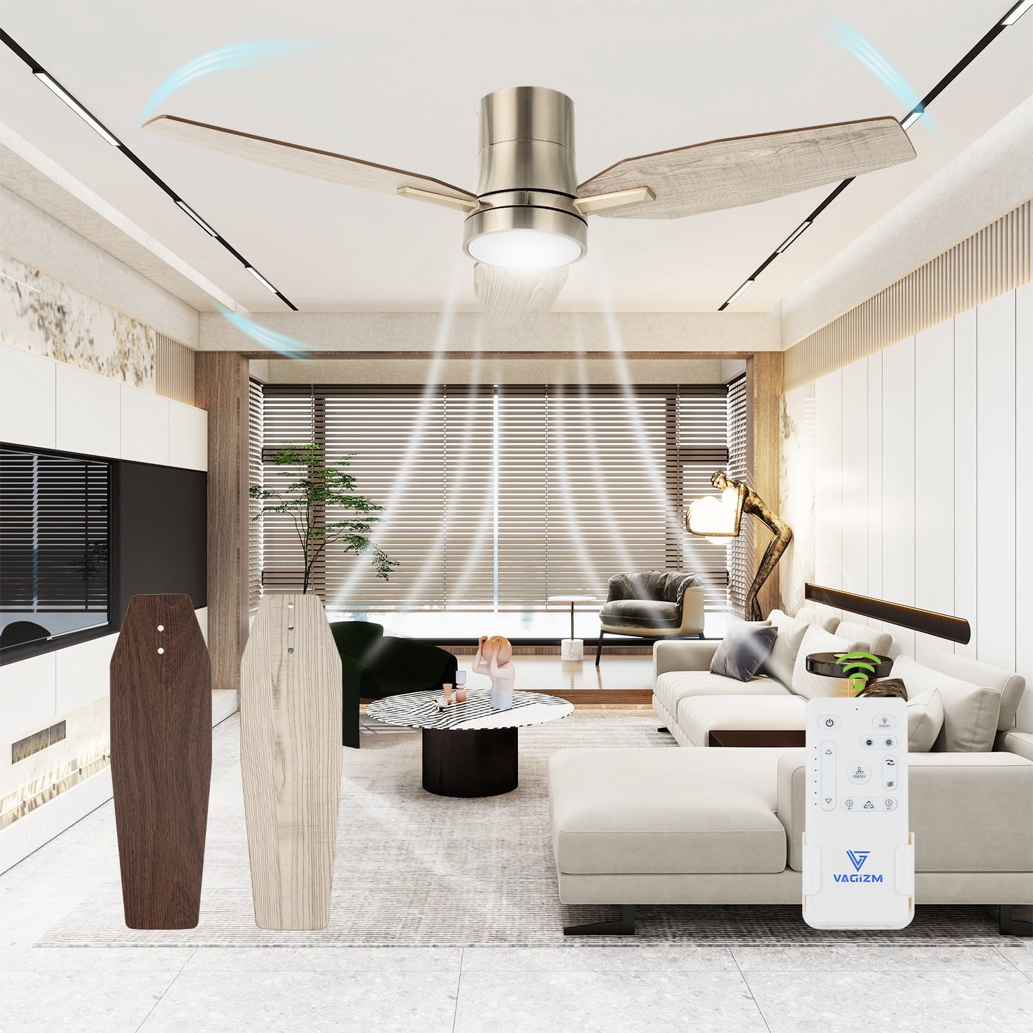 Vagizm 42 Inch Flush Mount Ceiling Fan with Light - 3 Blades Modern ...