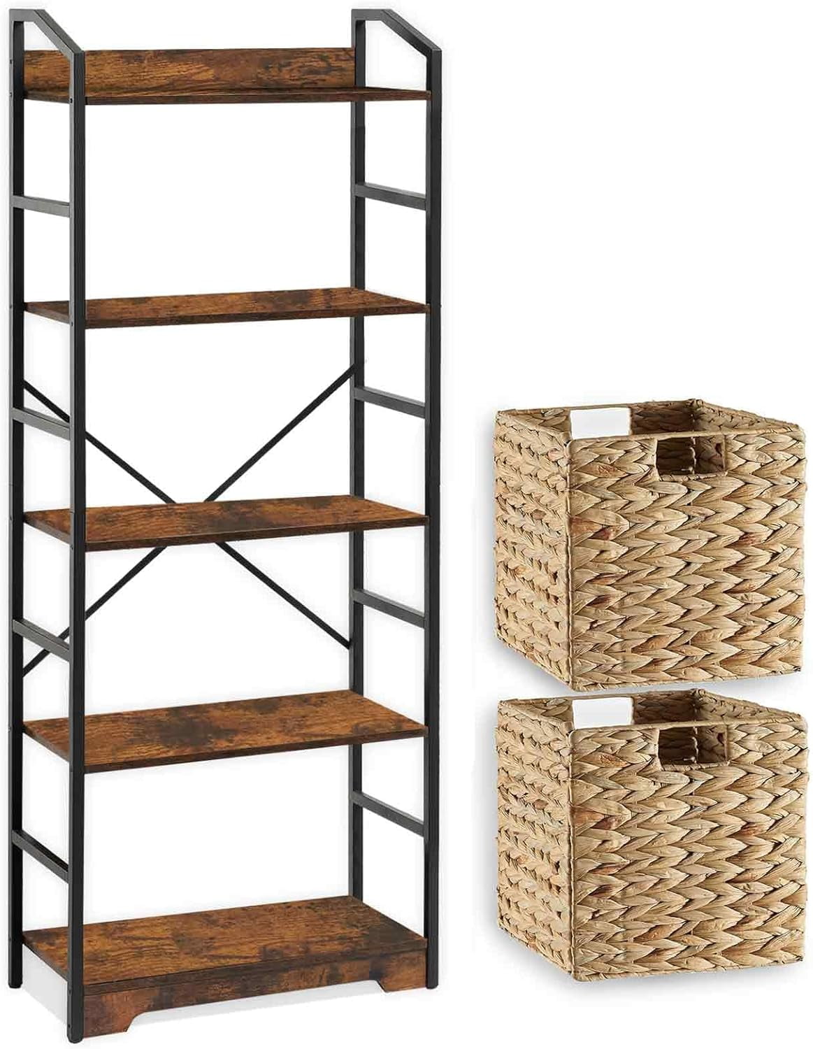 Vagusicc 5 Tier Bookshelf with 2 Storage Baskets, Tall Bookcase Shelf ...