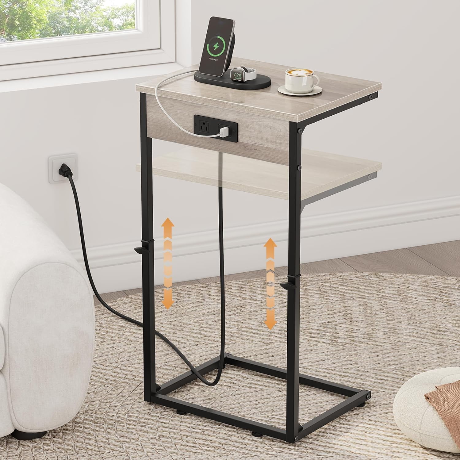 Vagusicc C Shaped End Table with Charging Station, Adjustable Height ...