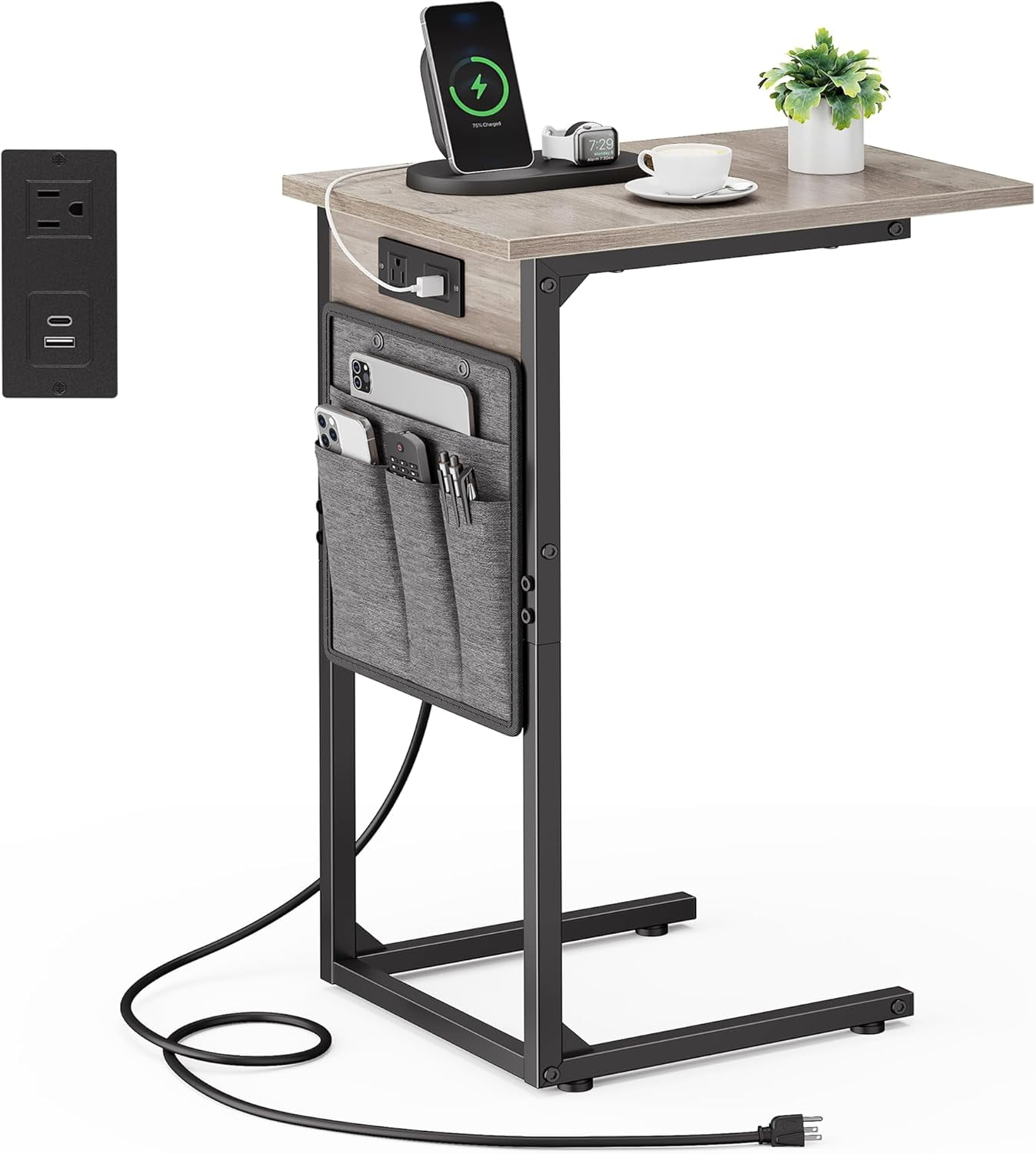 Vagusicc C Shaped End Table with Charging Station, Tall Side Table for ...