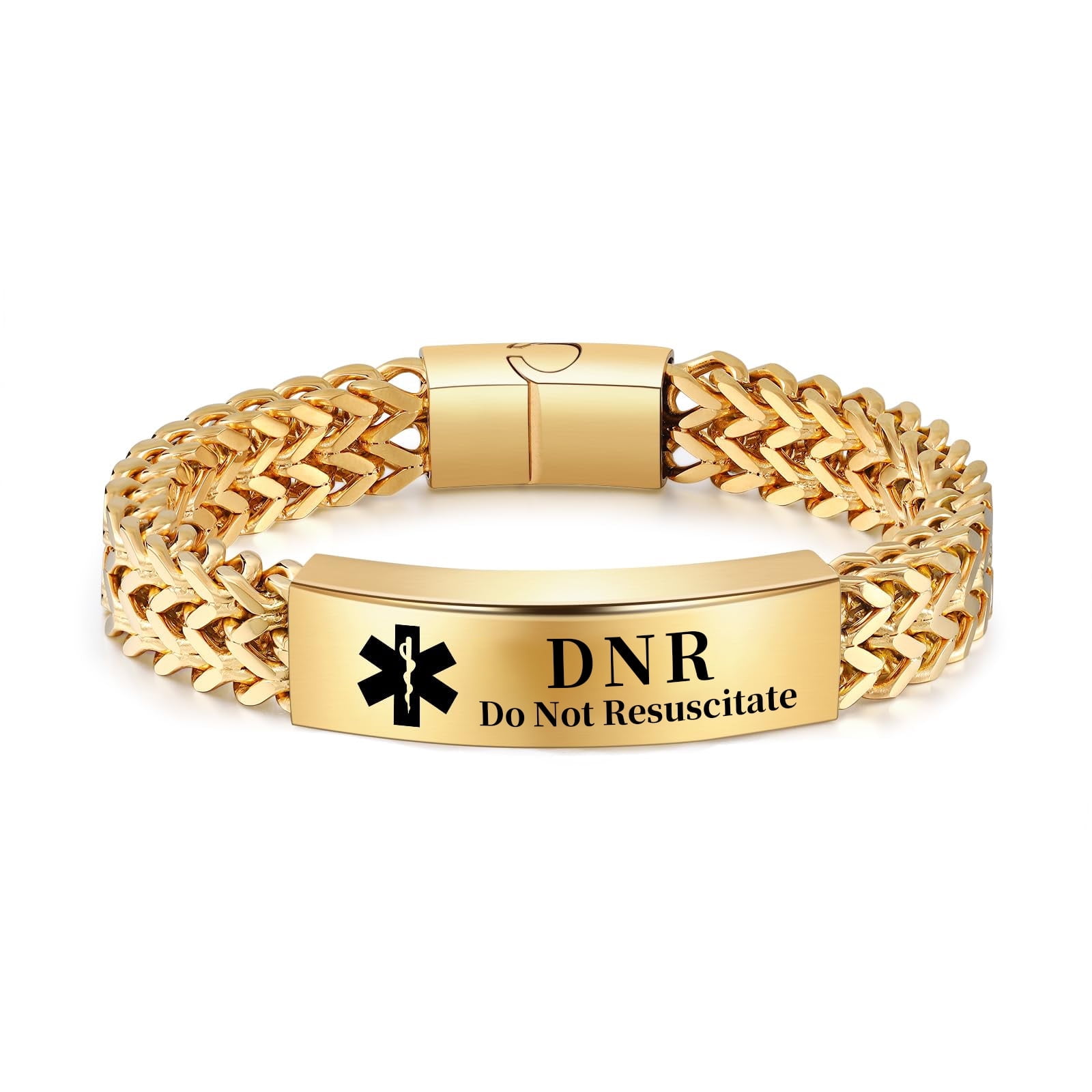 Vagzen Stainless steel Medical Alert ID Bracelet for Men, Engraved DNR(Do Not Resuscitate), Gold ...