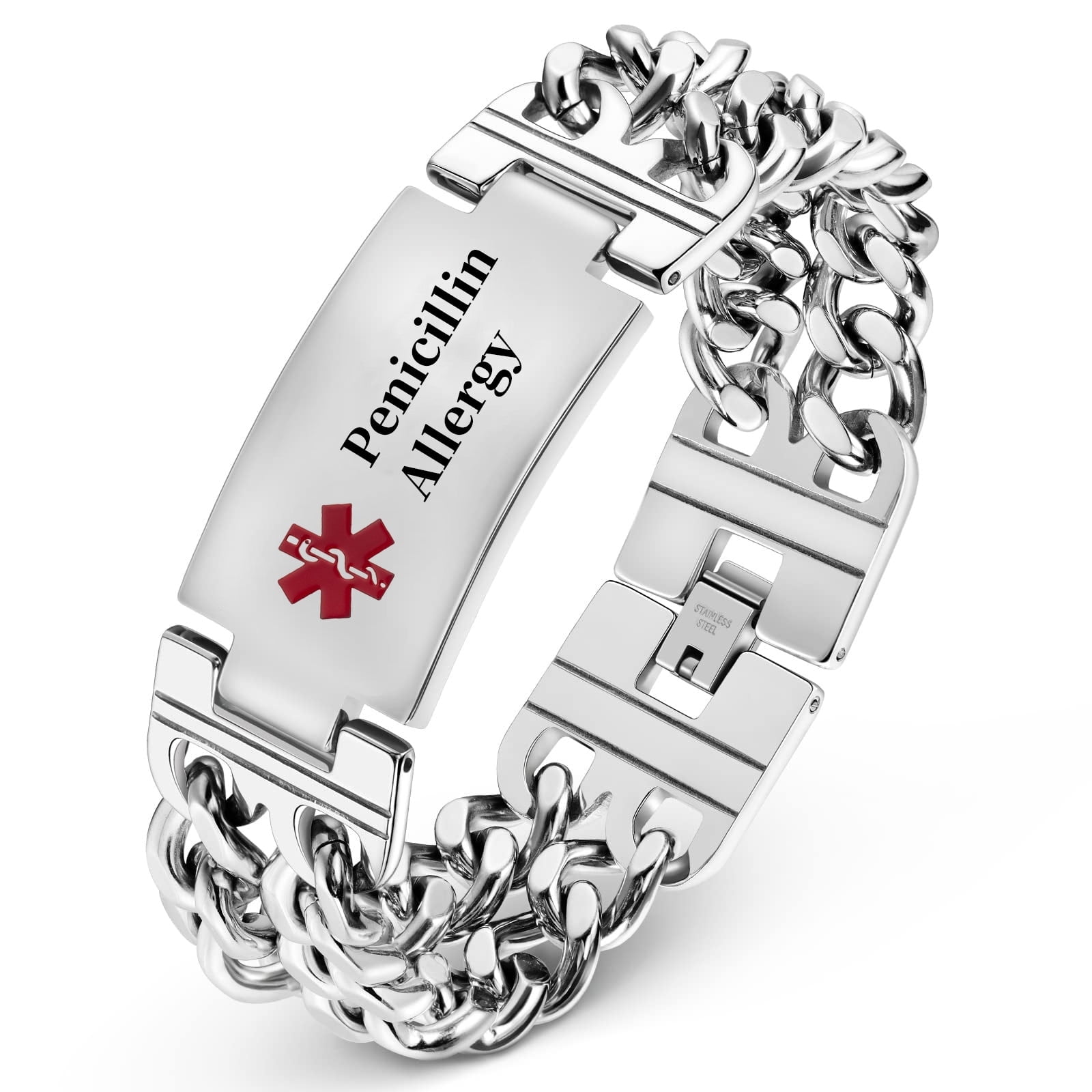 Vagzen Wide Medical Alert ID Bracelets for Men-Double Chain-8.5in ...