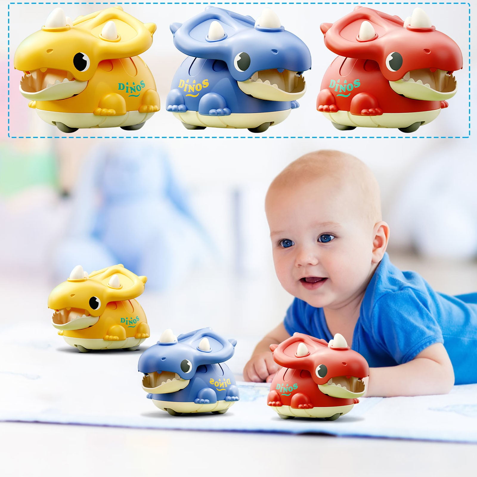 Vaidha Dinosaur Press & Go Toy Cars - 3-Pack Toddler Toys with Motion ...