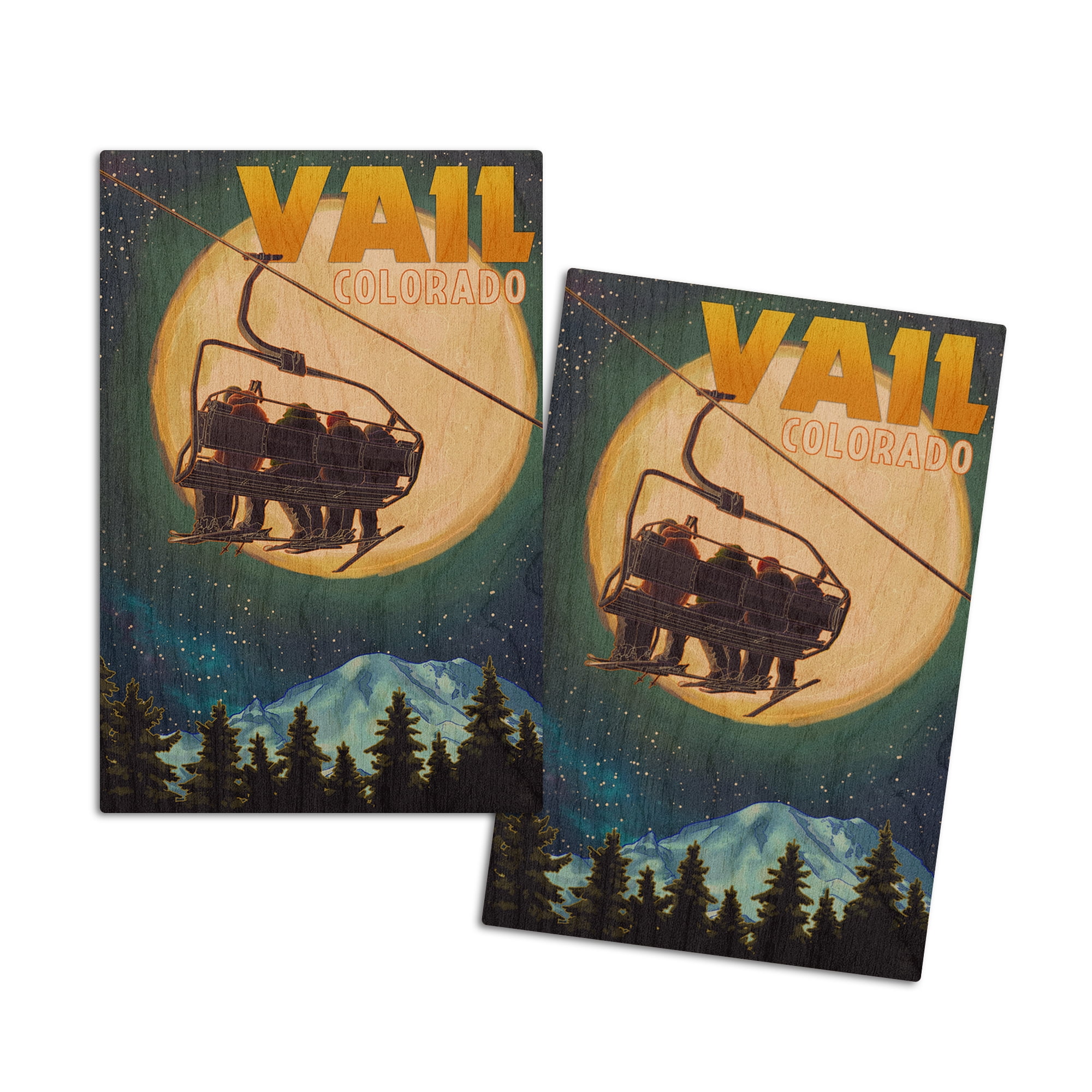 Vail, Colorado, Ski Lift and Full Moon (4x6 Birch Wood Postcards, 2 ...
