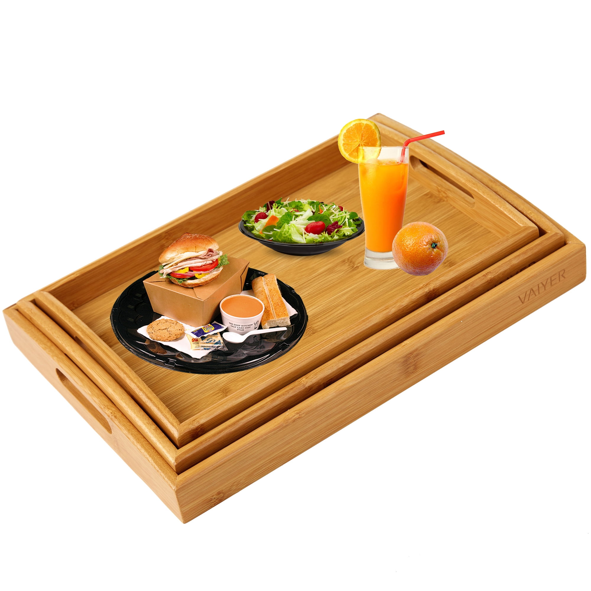 Vaiyer 3 Piece Bamboo Serving Tray Set with Handles Nesting Trays for ...