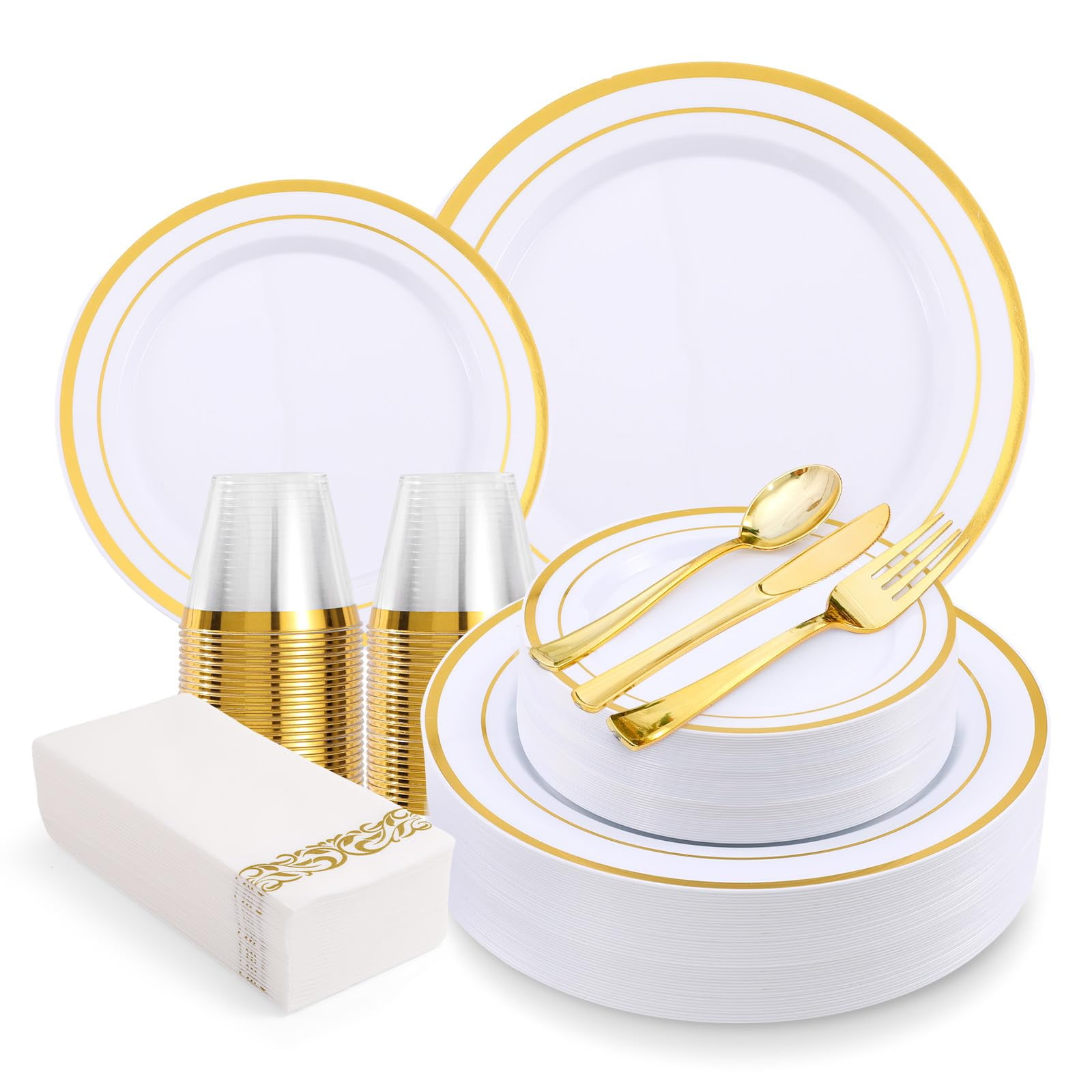 VajilaPhil 350-Piece Gold Rim Plastic Dinnerware Set for 50 Guests ...