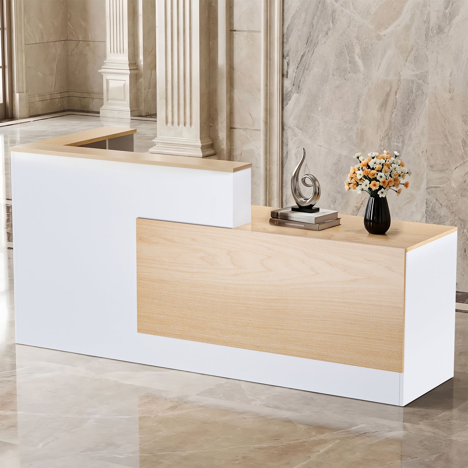 Vakiorn 71in L-Shaped Reception Desk Natural Wood White with Lockable ...