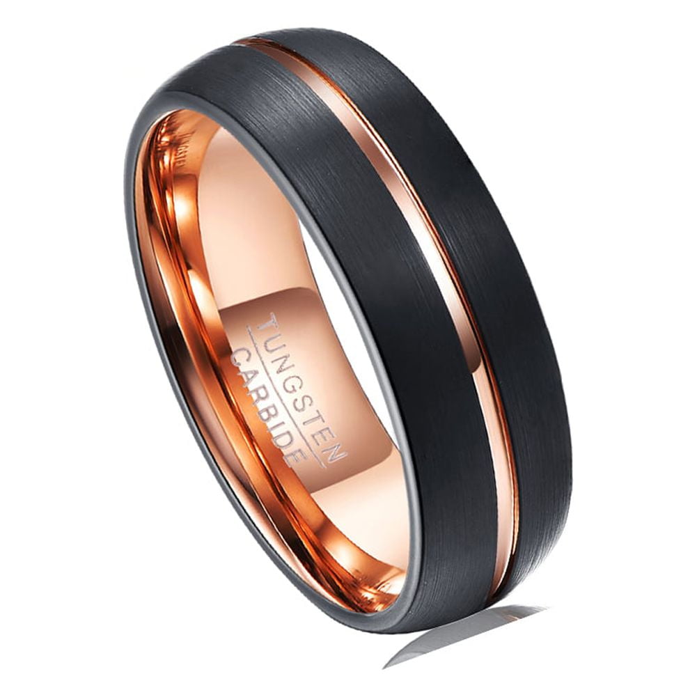 Vakki 8mm Black Brushed Tungsten Ring Black Dome Matte Surface and Rose Gold Grooved Line ...