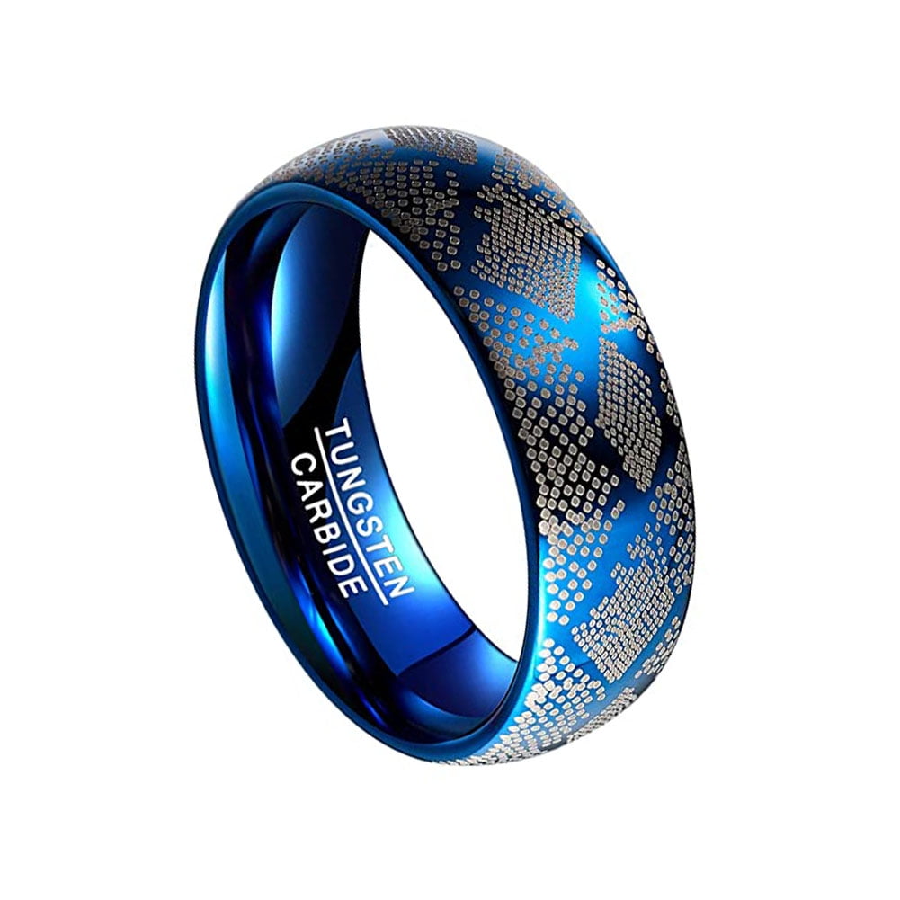 Vakki 8mm Blue Dome Style Tungsten Carbide Rings with Laser Snake Grain ...